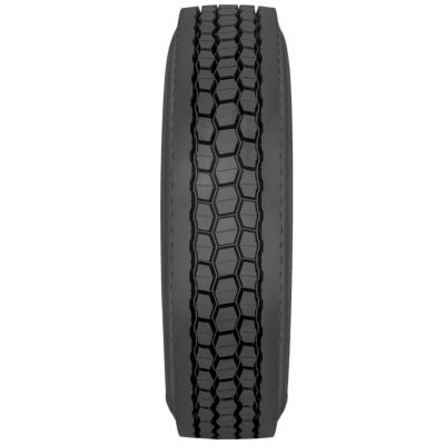 Deep tread, closed-shoulder drive tire designed for long hauls and even ...
